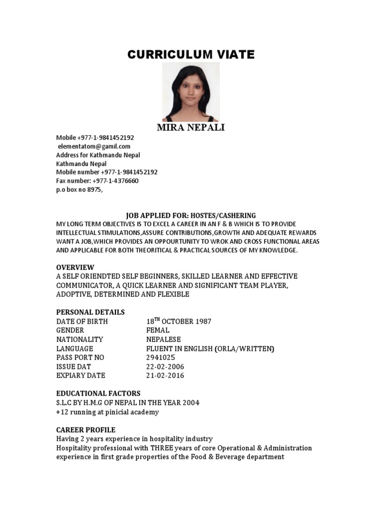 Mira Nepali CV Only | PDF | Nepal