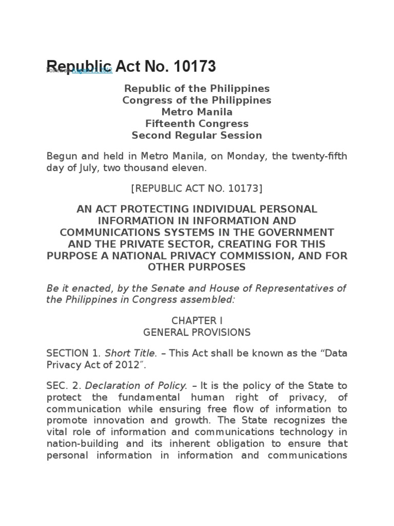 Republic Act No 10173 | Personally Identifiable Information | Online ...