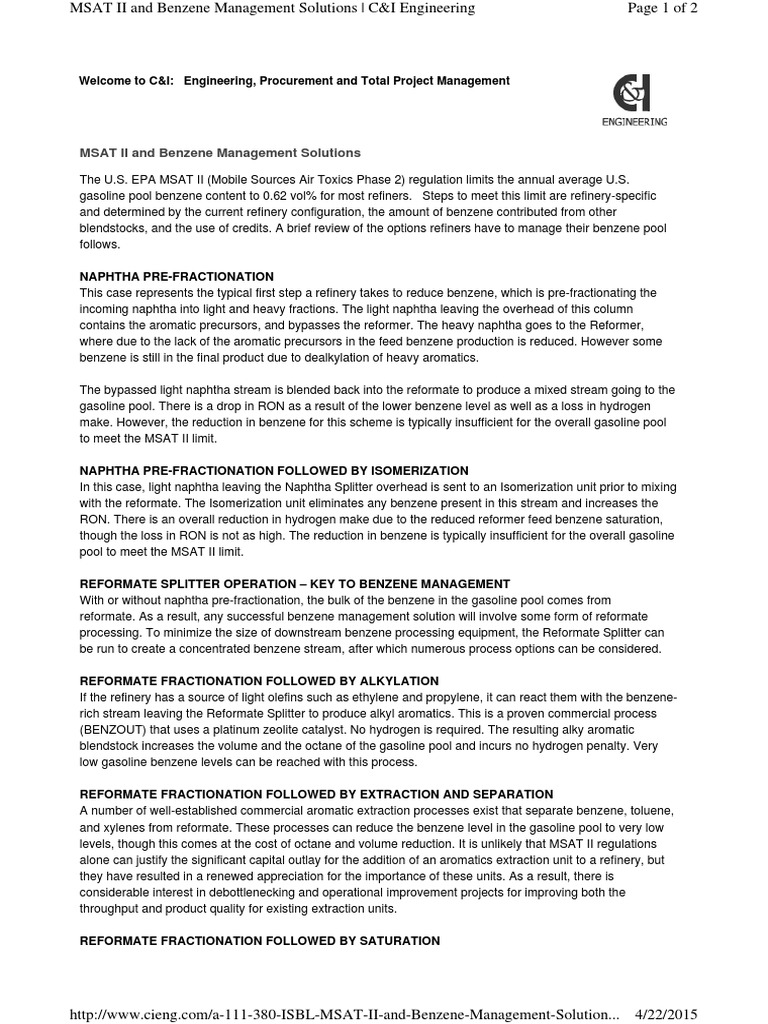 MSAT II and Benzene Management | PDF | Gasoline | Benzene