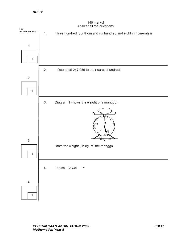 Year 5 Mathematics Exam Paper 2008 | PDF