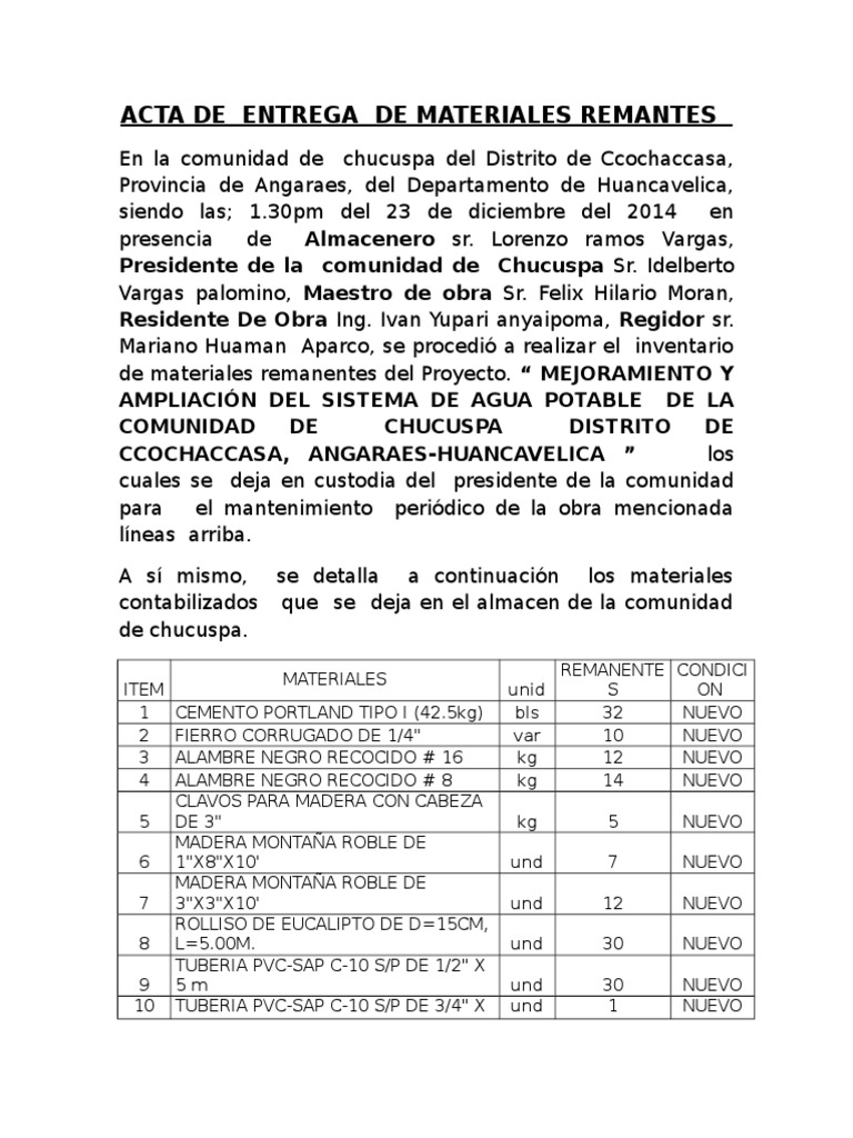 Acta de Entrega de Materiales Remantes | PDF | Industrias | El hombre ... Acta de Entrega de Materiales Remantes | PDF | Industrias | El hombre ...