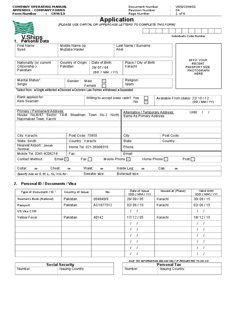 V SHIPS Application Form | PDF | Oil Tanker | Identity Document