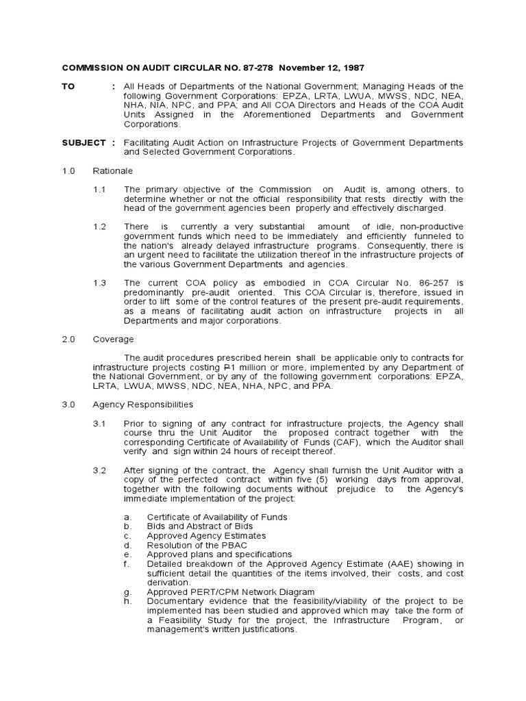 Commission On Audit Circular No. 87-278 November 12, 1987 | PDF | Audit ...