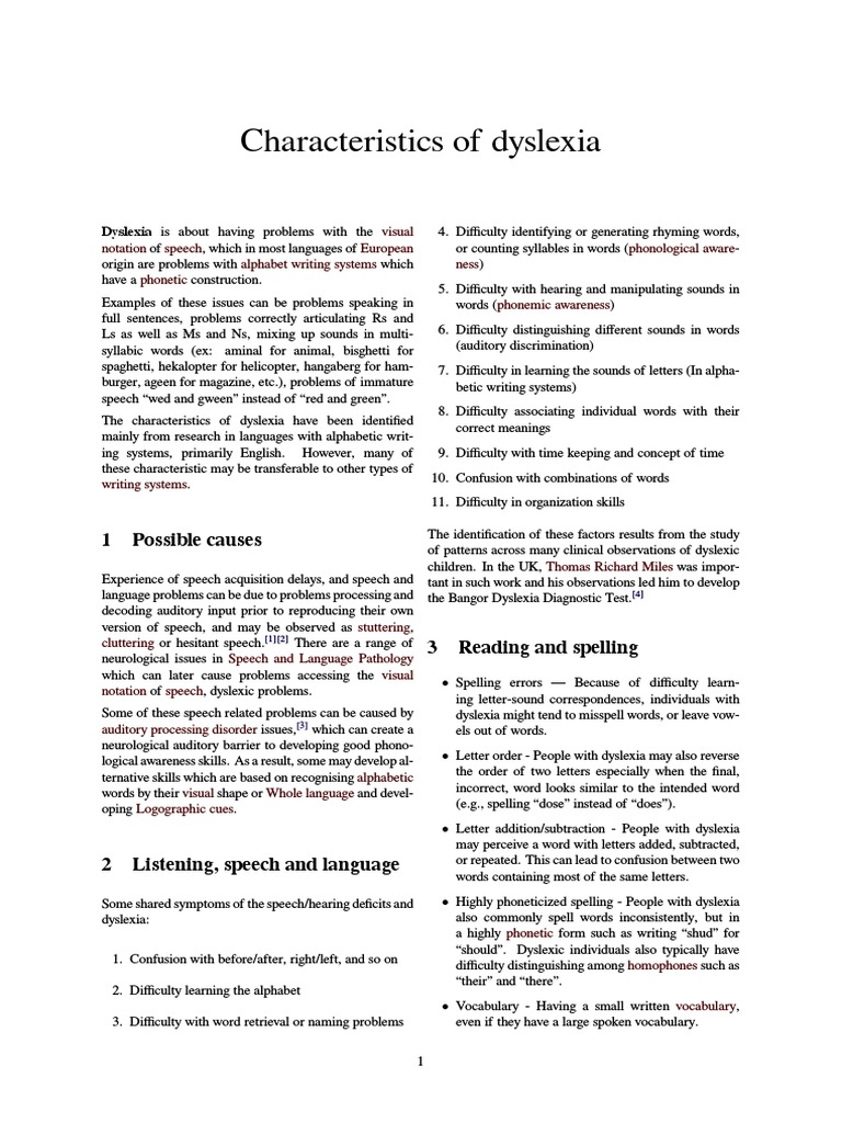 Characteristics of dyslexia.pdf | Dyslexia | Specific Developmental ...