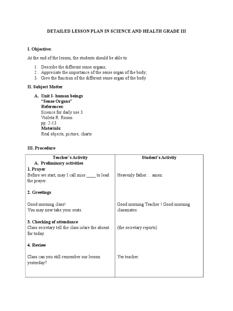 Detailed Lesson Plan in Science and Health Grade III | Senses | Helen ...