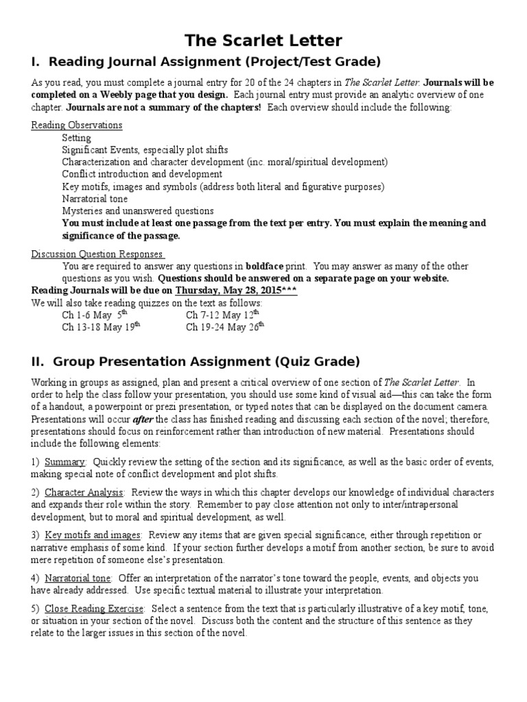 Scarlet Letter Reading Journal Guide | PDF | The Scarlet Letter | Narration