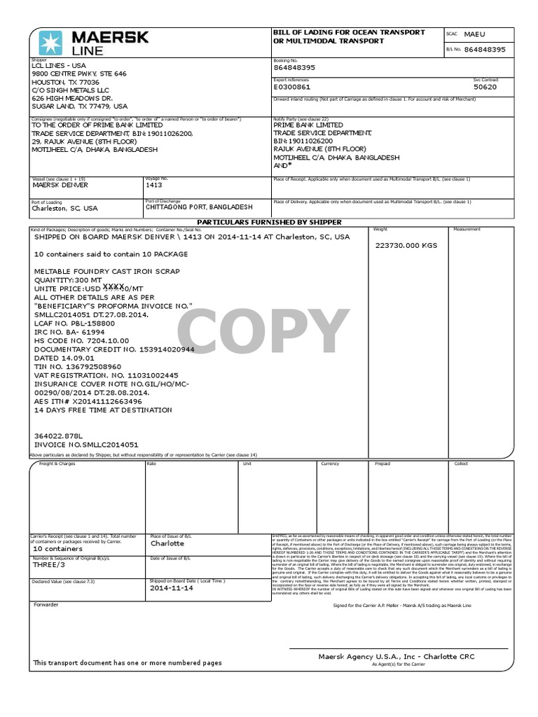 Cast Iron BL 1 | Bill Of Lading | Cargo