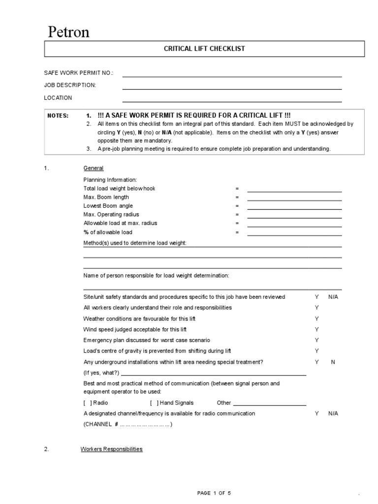 Critical Lift Checklist | PDF | Elevator | Crane (Machine)