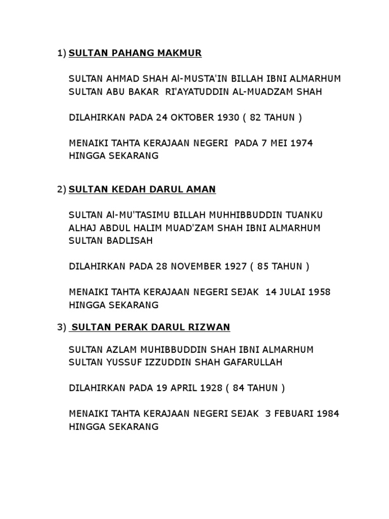 Nama-Nama Sultan Di Malaysia | PDF | Perjalanan | Sejarah