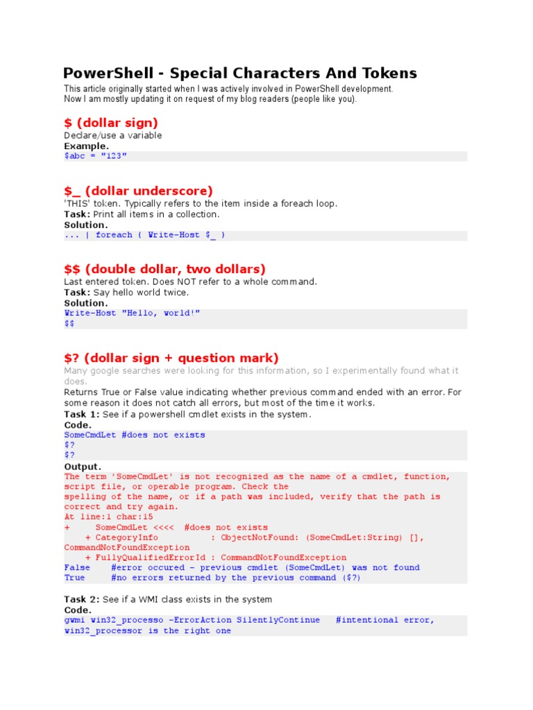 PowerShell - Special Characters and Tokens | PDF | Software Engineering | Computer Programming