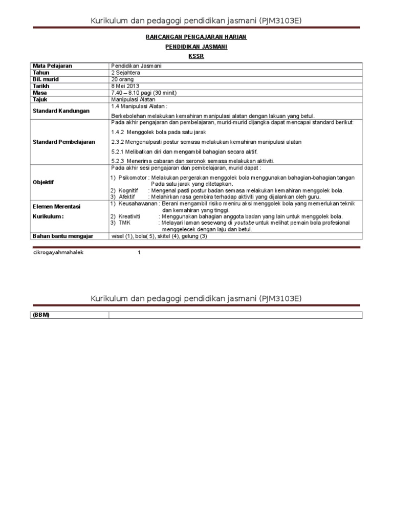 RPH KSSR (Manipulasi Alatan Tahun 2) | PDF