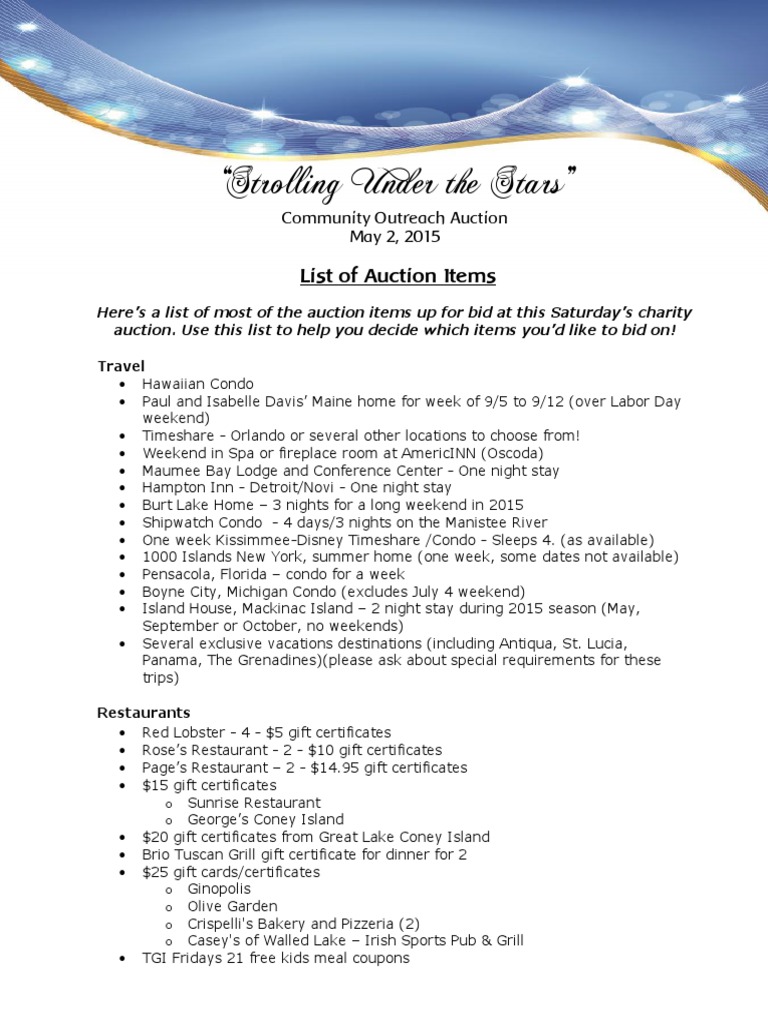2015 Handout - List of Auction Items | PDF