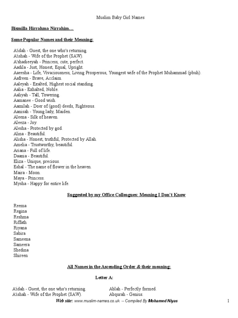 Muslim Baby Girl Names | PDF | Sahabah | Muhammad