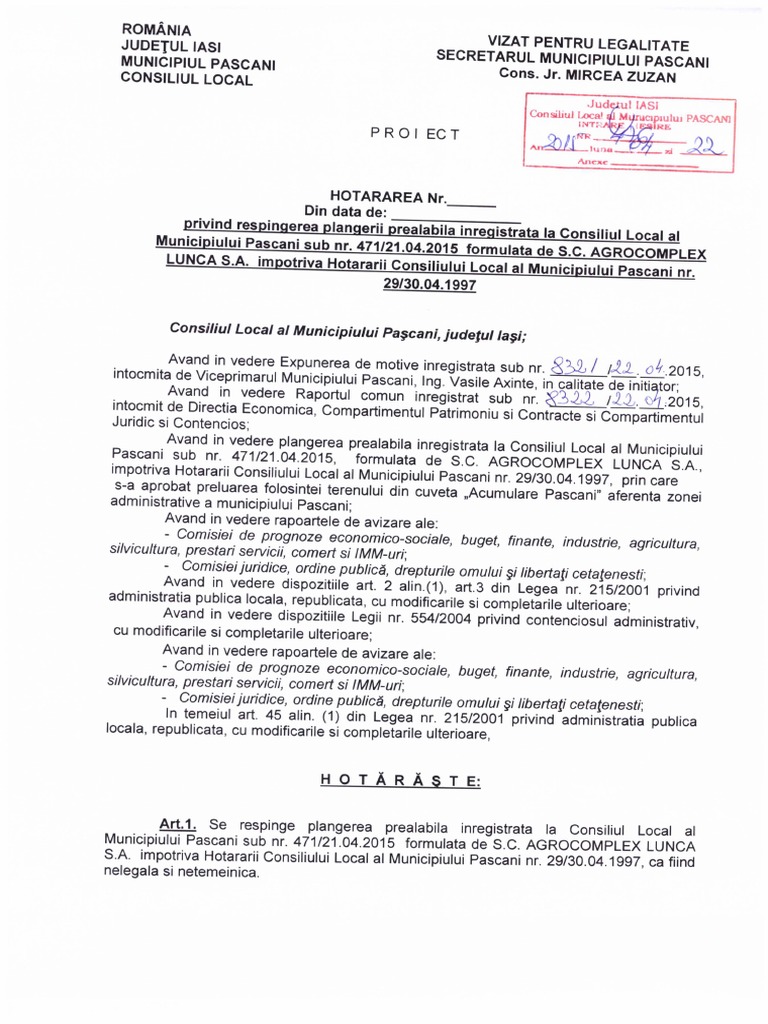 Proiect Hotarare Respingere Plangere Prealabila Nr. 471.21.04.2015 Formulata de SC AGROCOMPLEX ...