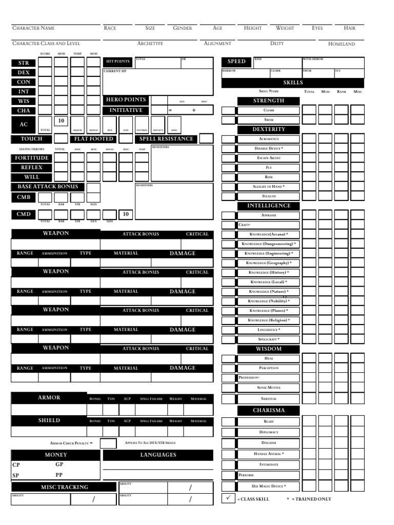 Pathfinder Rpg Character Sheet Printable
