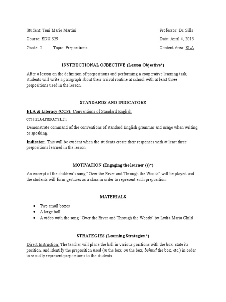 Lesson Plan Prepositions | PDF | Paragraph | Preposition And Postposition