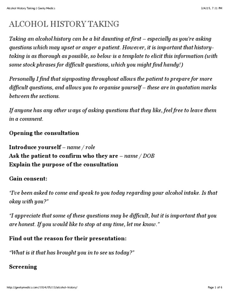 Alcohol History Taking - Geeky Medics | Download Free PDF | Substance ...