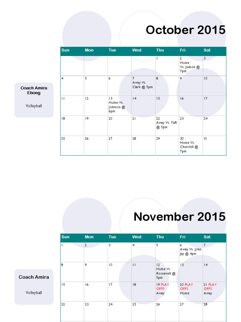 October November 2015 Volleyball Schedule Pdf Sports Recreation