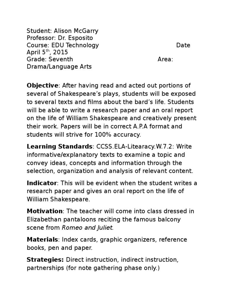 Shakespeare Project For Seventh Grade | PDF | Speech | William Shakespeare