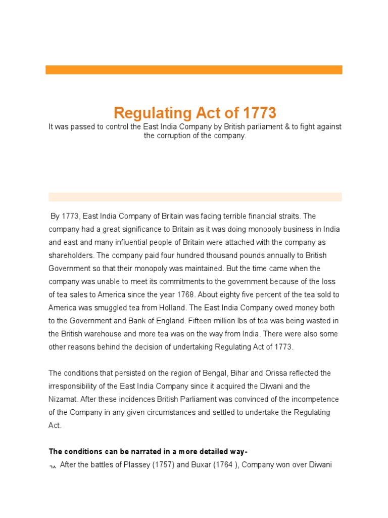 Regulating Act of 1773 | PDF | East India Company | United Kingdom