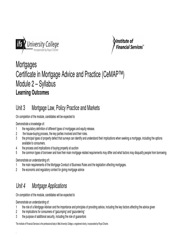CeMAP 2 Mortgages Syllabus | PDF | Mortgage Loan | Loans