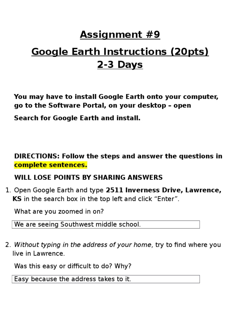 Assignment #9 Google Earth Instructions (20pts) 2-3 Days | PDF ...