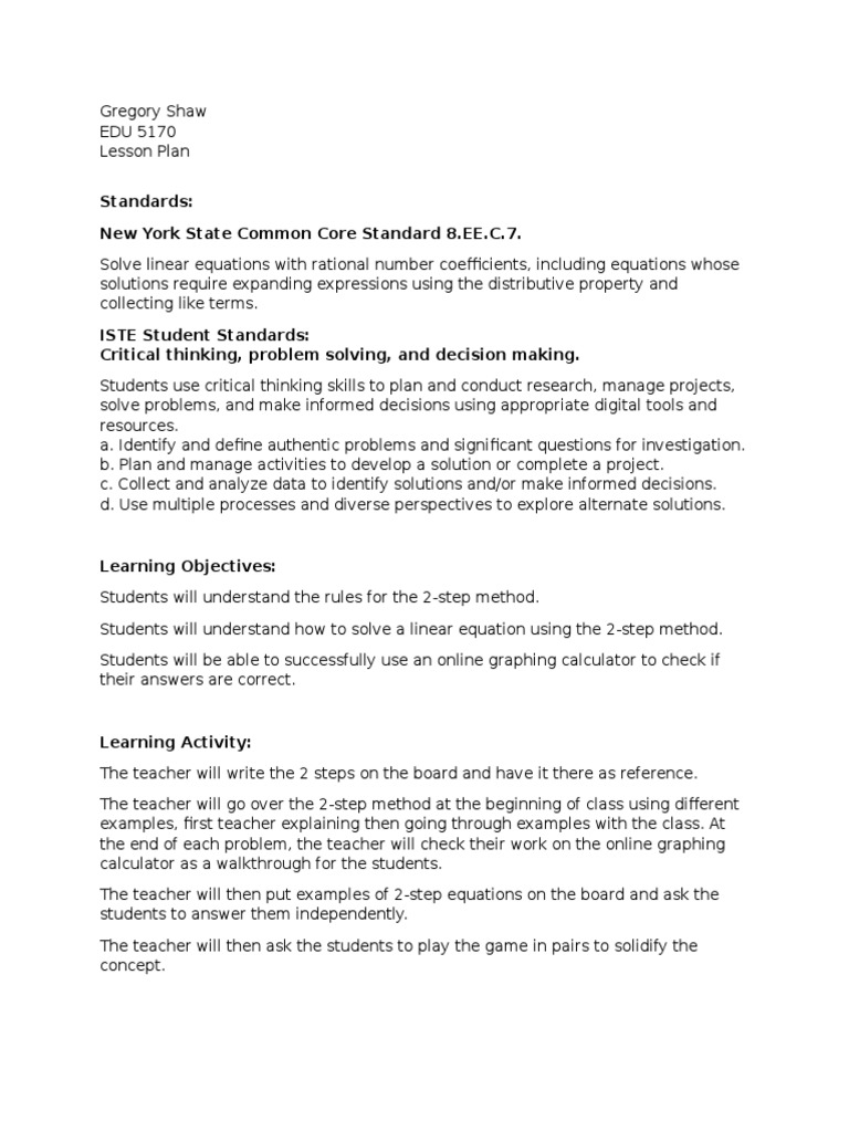 Standards: New York State Common Core Standard 8.EE.C.7 | PDF | Lesson ...