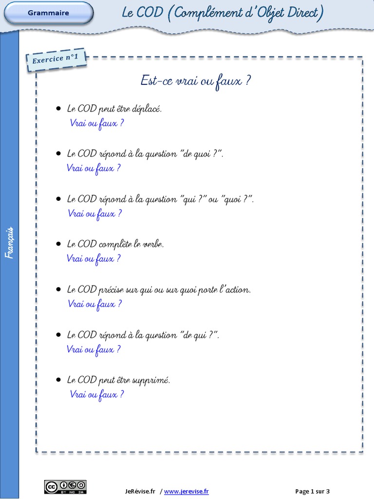 Exercices Complement Objet Direct COD | PDF | Arts du langage et ...