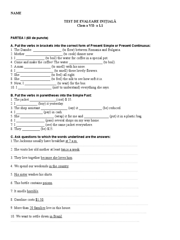 Name Test de Evaluare Iniţială Clasa A VII-a L1 | PDF | Grammar ...
