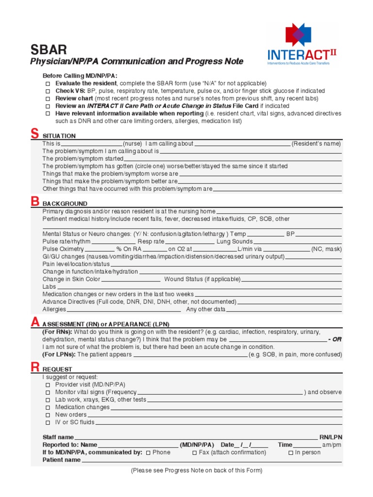 SBAR Communication Tool and Progress Note | PDF | Medicine | Clinical ...