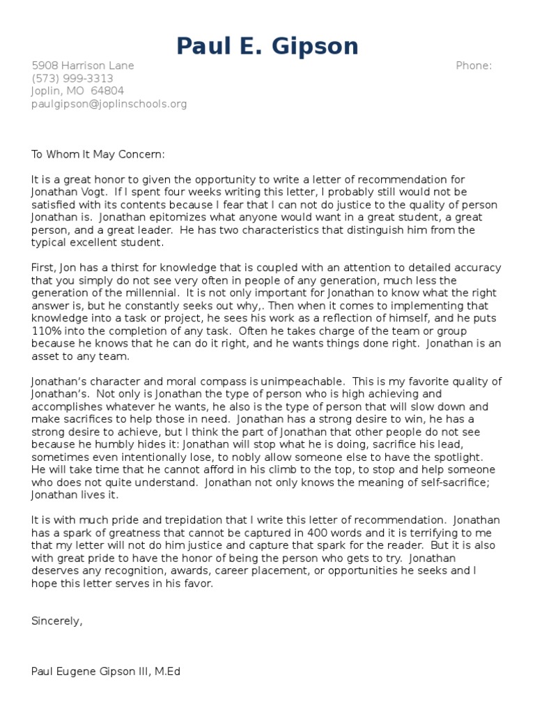 Jonathan Vogt Letter of Recommendation | PDF | Justice | Crime & Violence