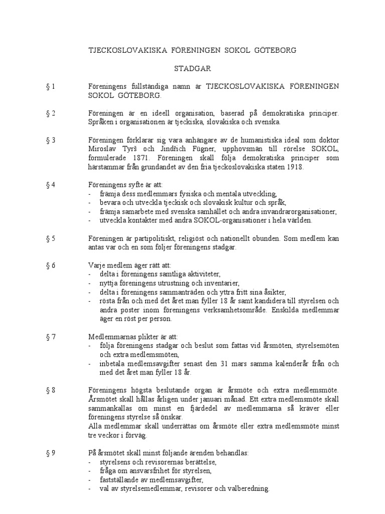 Tjeckoslovakiska Föreningen Sokol Göteborg Stadgar 1 2 | PDF