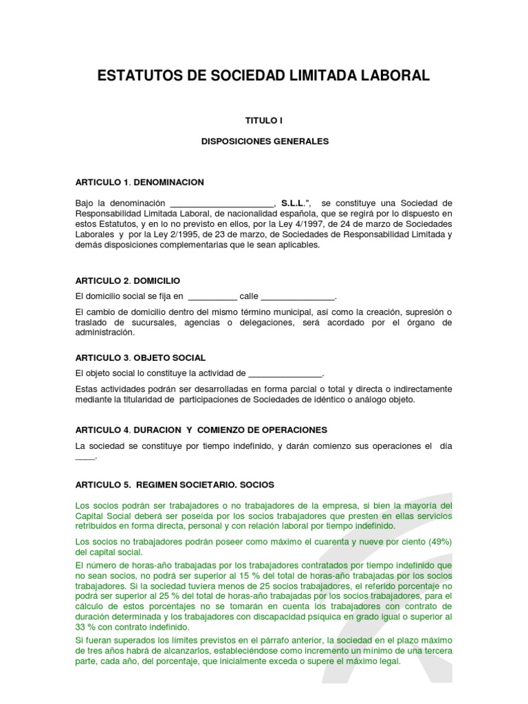 Estatutos de Sociedad Limitada Laboral | Sociedad de responsabilidad limitada | Hipoteca Comercial