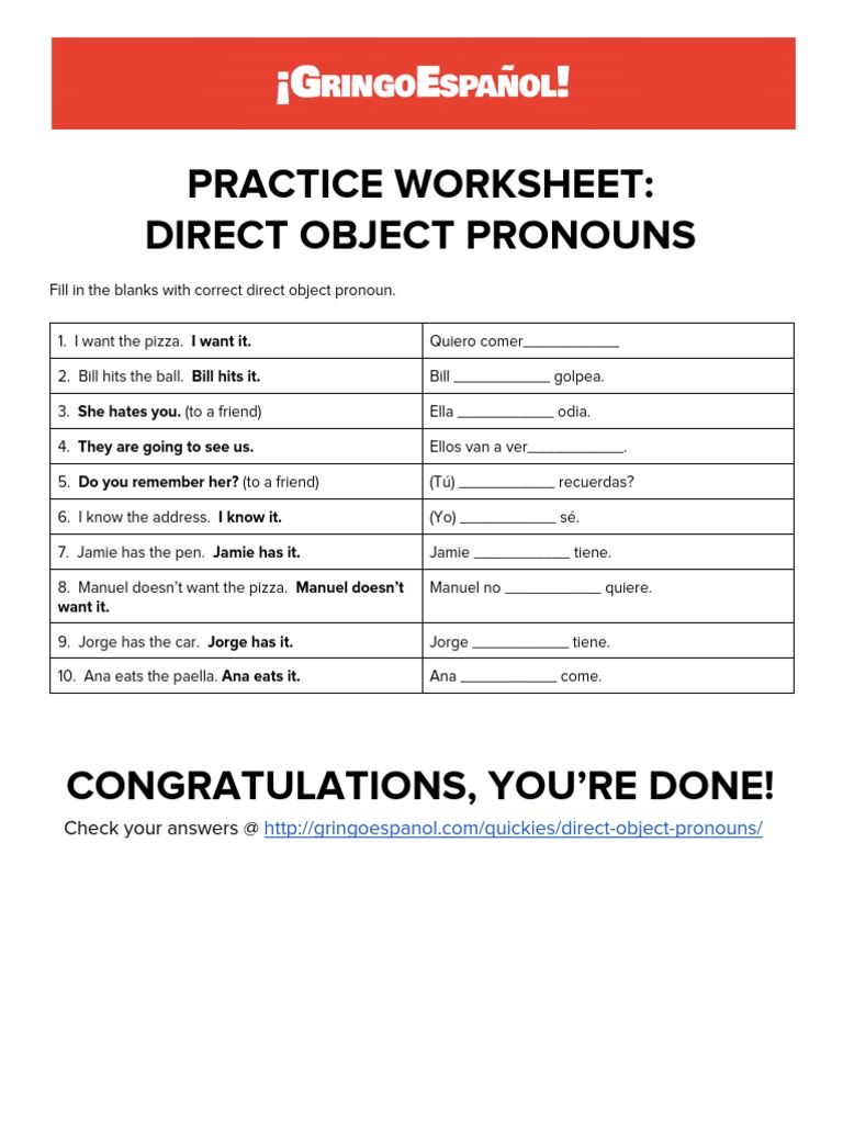Direct Object Pronouns Practice Worksheet | PDF | Language Arts ...