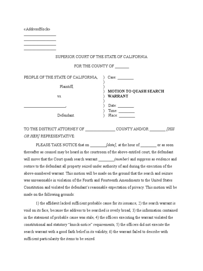 California Motion To Quash Search Warrant | PDF | Search Warrant ...