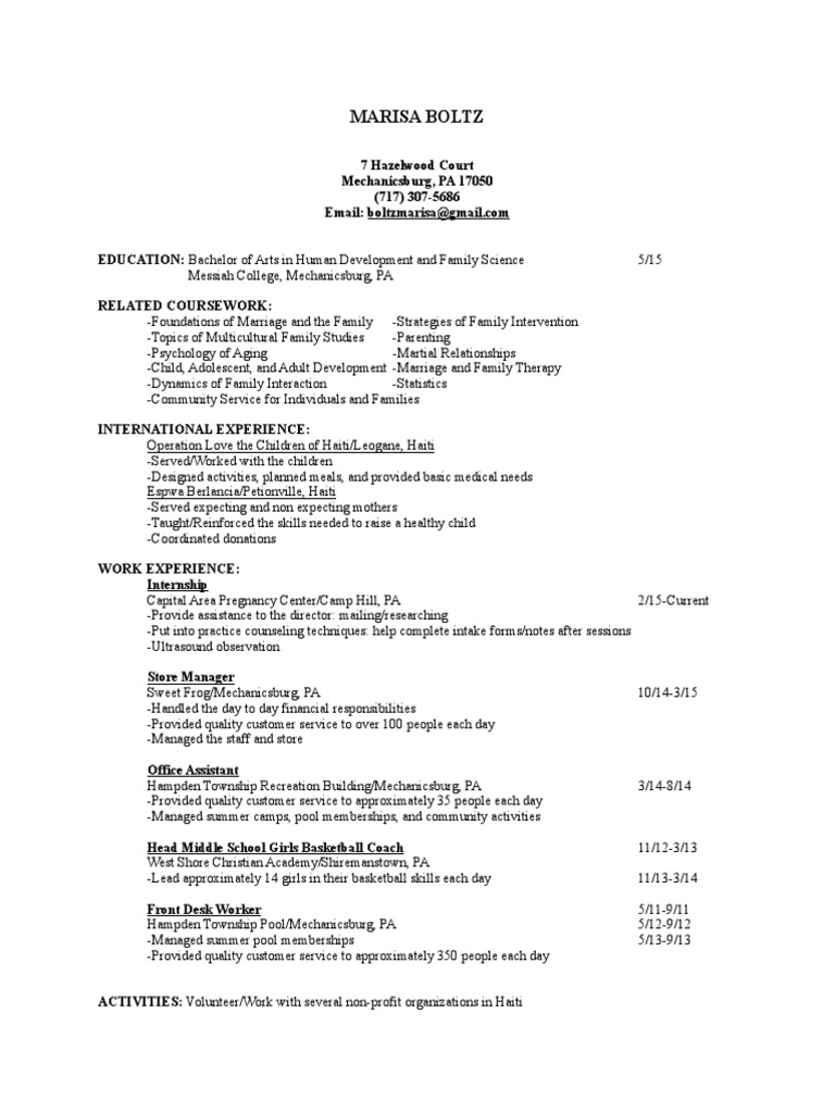 Marisa Boltz: Human Development Resume | PDF | Self-Improvement | Wellness