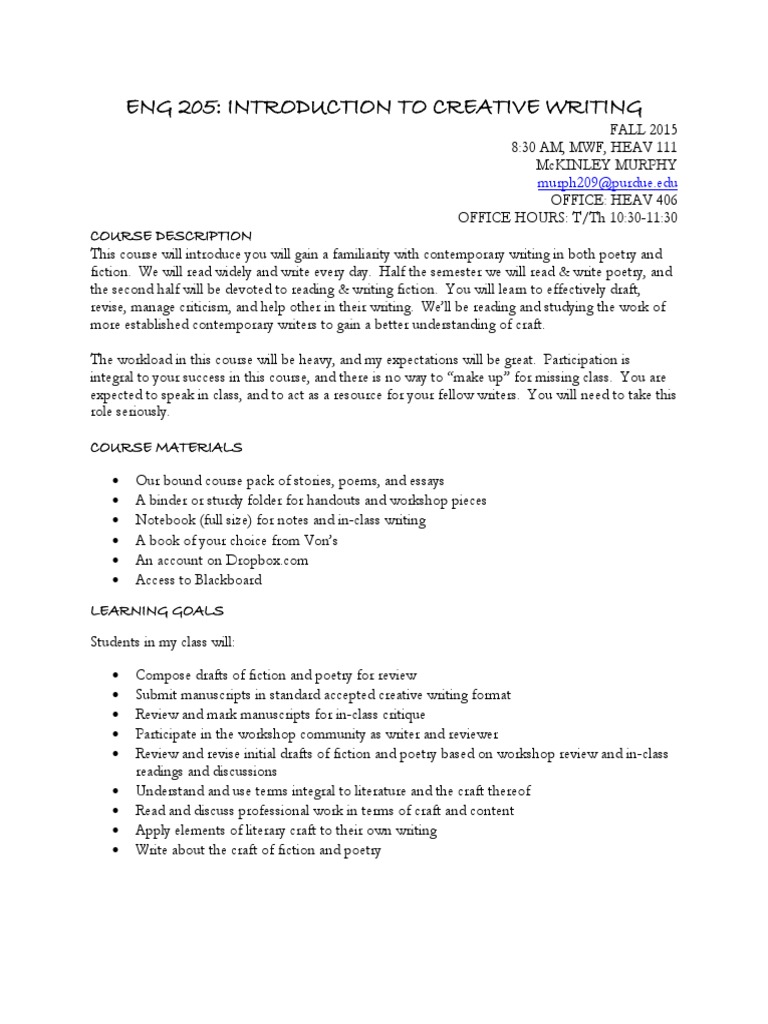 Introduction To Creative Writing Syllabus | PDF | Creative Writing | Poetry