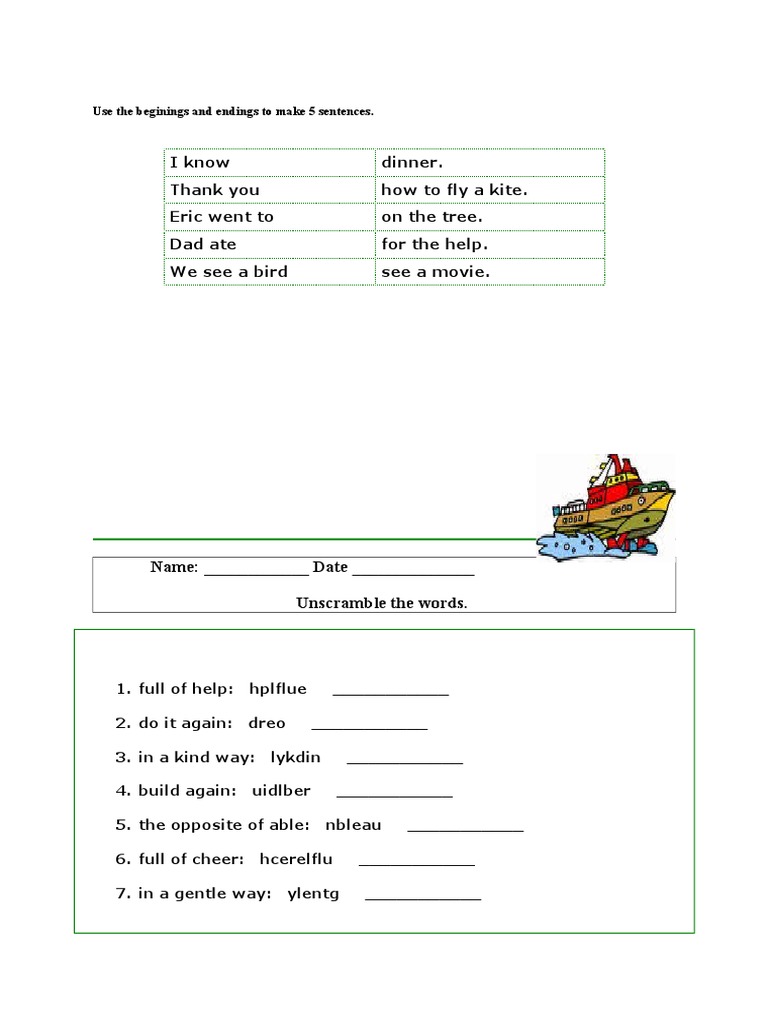 Sentence and Word Unscramble Worksheet | PDF