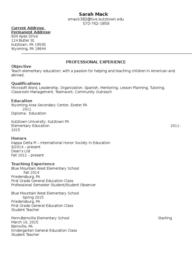 Sarah Mack - Elementary Education Resume | PDF | Wellness