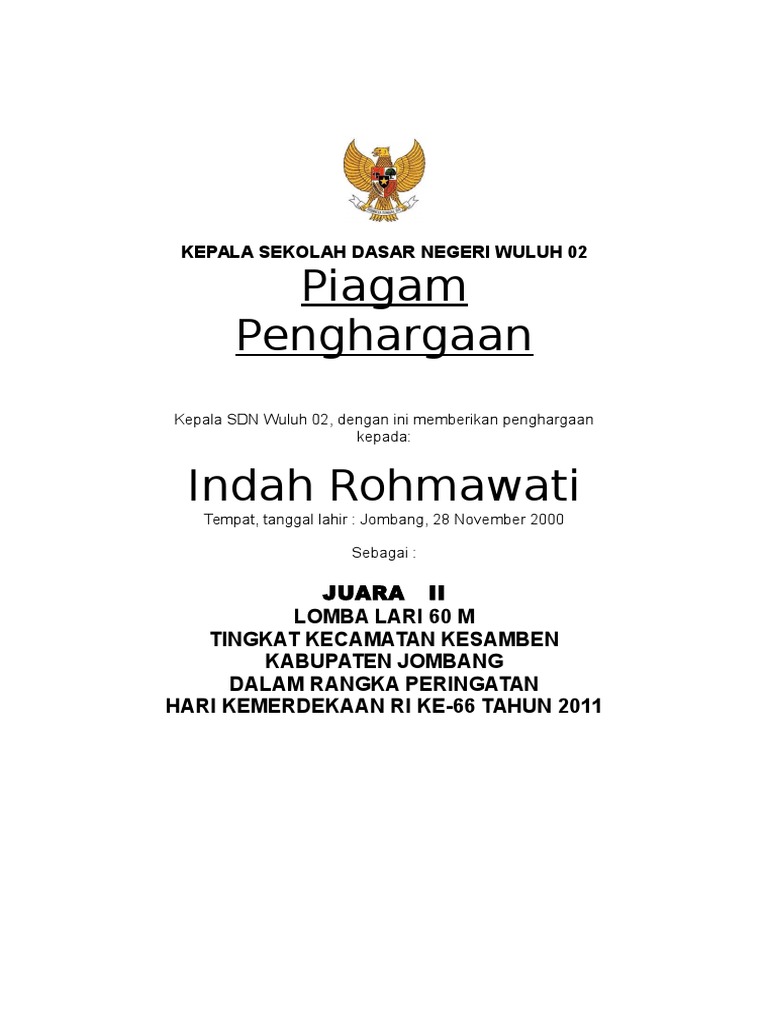 Piagam Penghargaan Peringkat Kelas | PDF