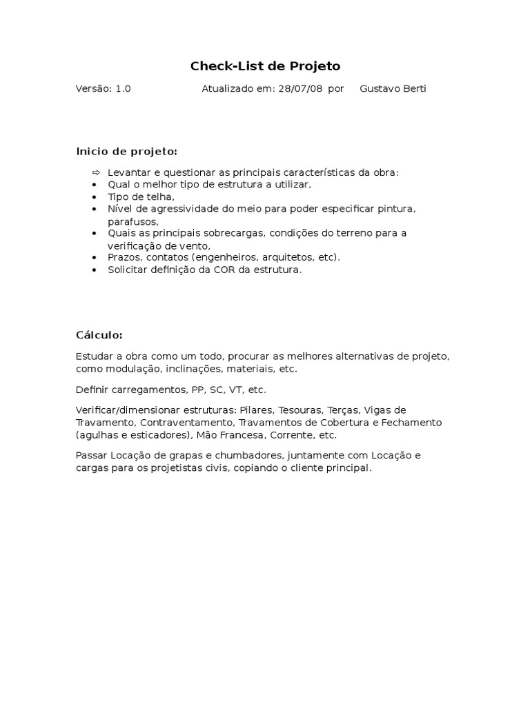 Checklist Projetos Metalicos | PDF | Ciências e Matemática | Tecnologia e Engenharia