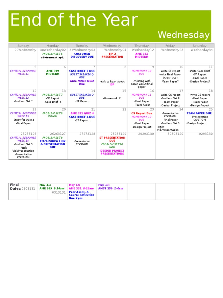 End of Year Academic Schedule | PDF | Teaching Methods & Materials