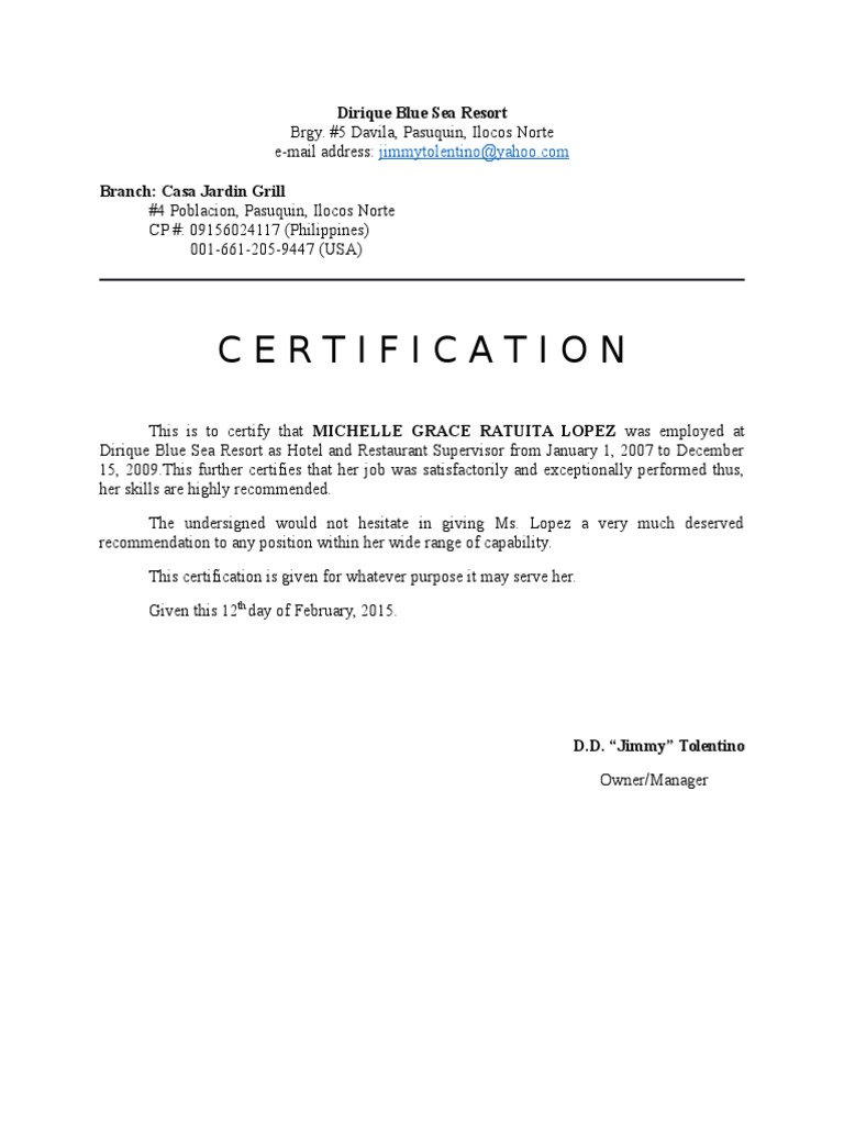 Certification: Dirique Blue Sea Resort | PDF