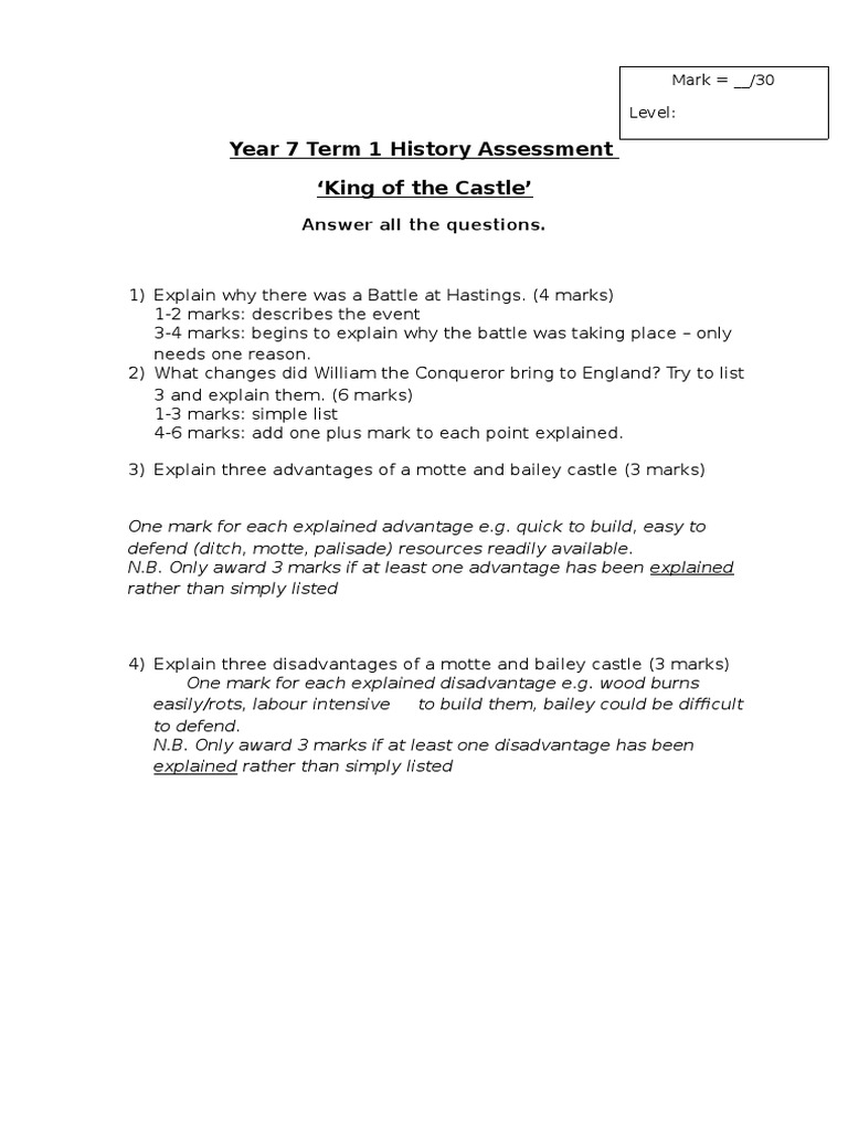 Yr 7 Castles Assessment Term 1MS | PDF | Teaching Methods & Materials