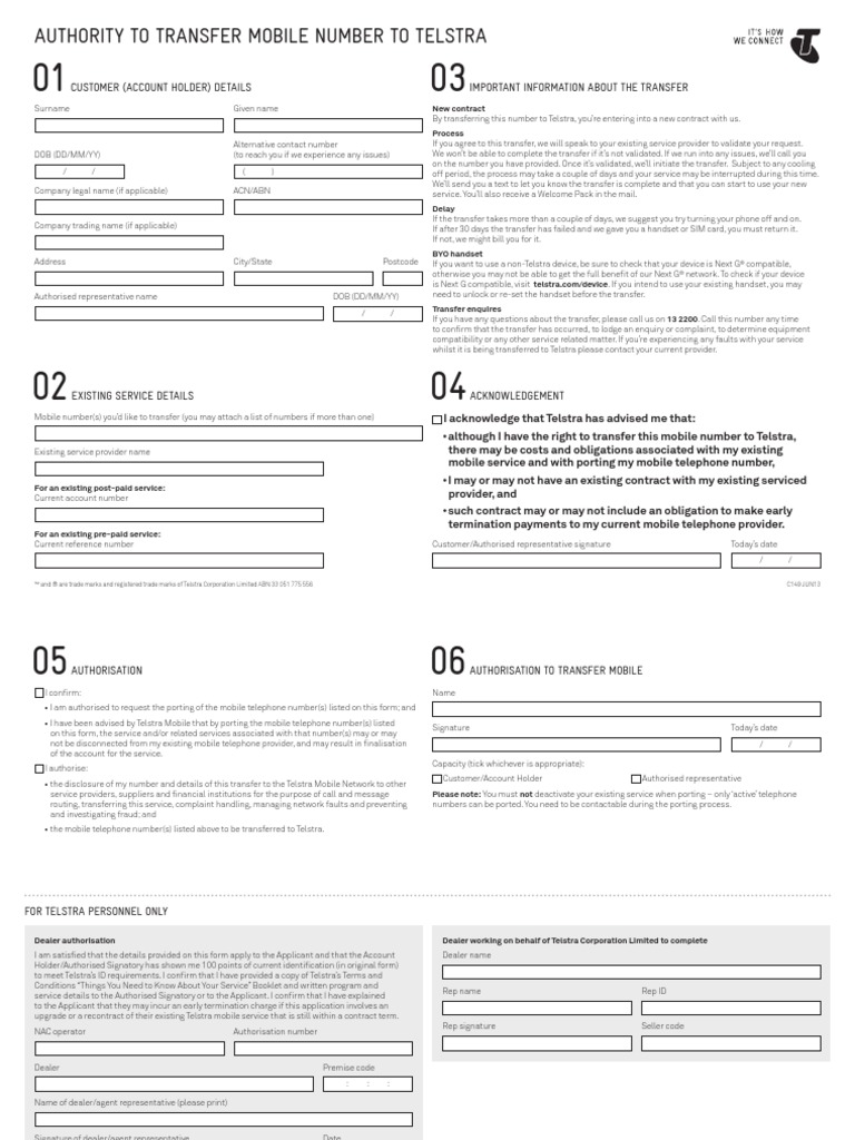Authority To Port Mobile To Telstra Form (C149 JUN13) | PDF ...