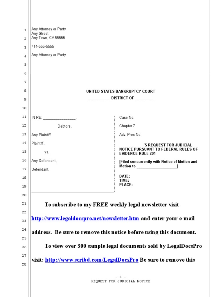 Sample Request For Judicial Notice in United States Bankruptcy Court | PDF