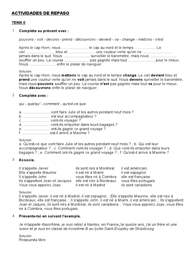 Actividades Repaso Francés 4º ESO | PDF