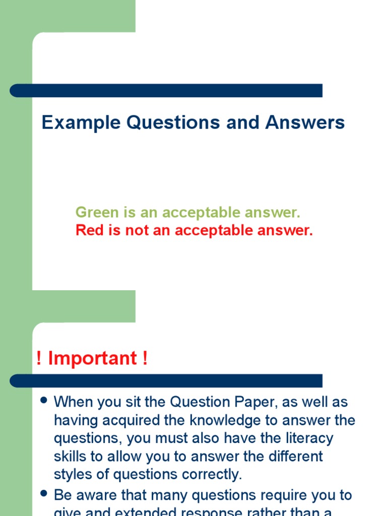 Example Questions and Answers: Green Is An Acceptable Answer | PDF ...