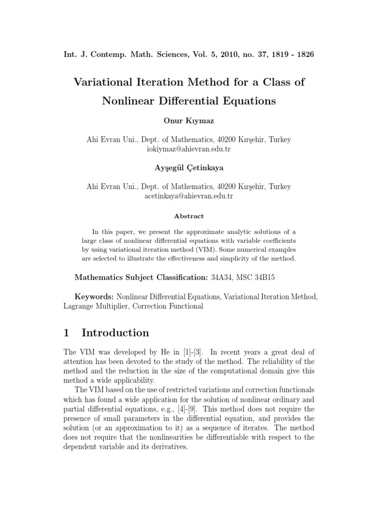 Variational Iteration Method For A Class Of Nonlinear Differential Equations Calculus Of