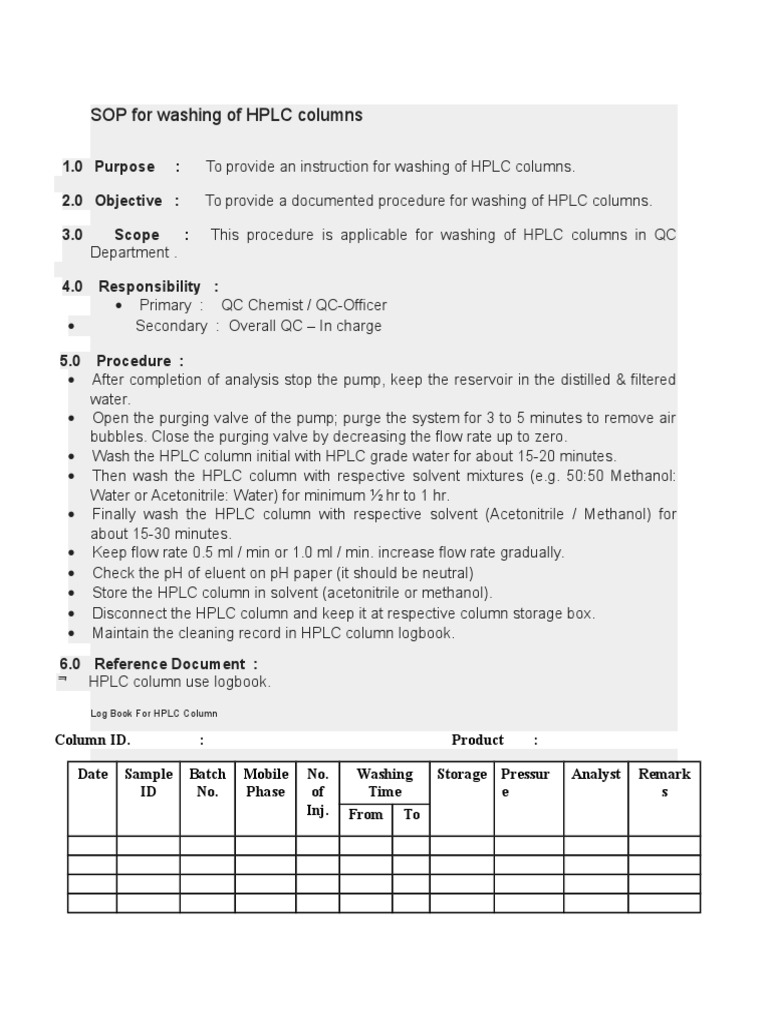 SOP For Washing of HPLC Columns | PDF | Cooking, Food & Wine | Science ...